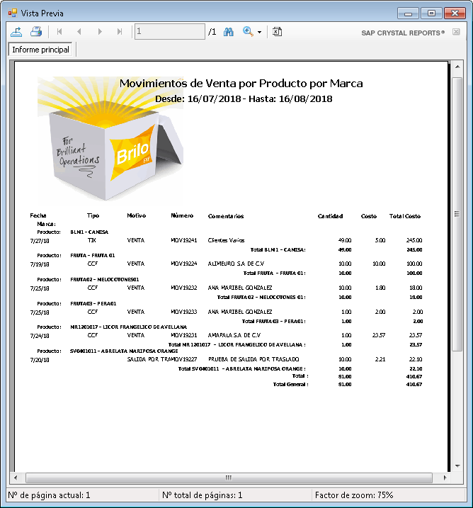 Movimientos de Salida por Producto por Marca - Brilo ERP Docs